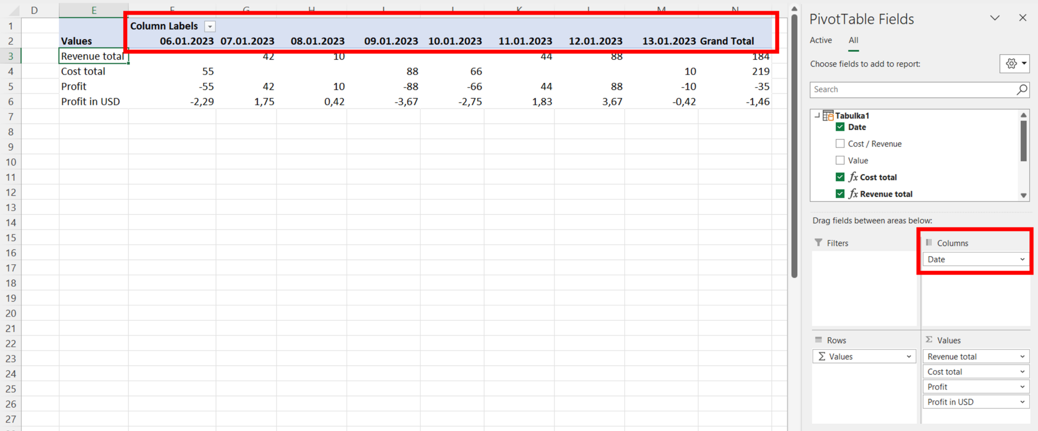 Values / measures in an Excel pivot table below each other instead of ...