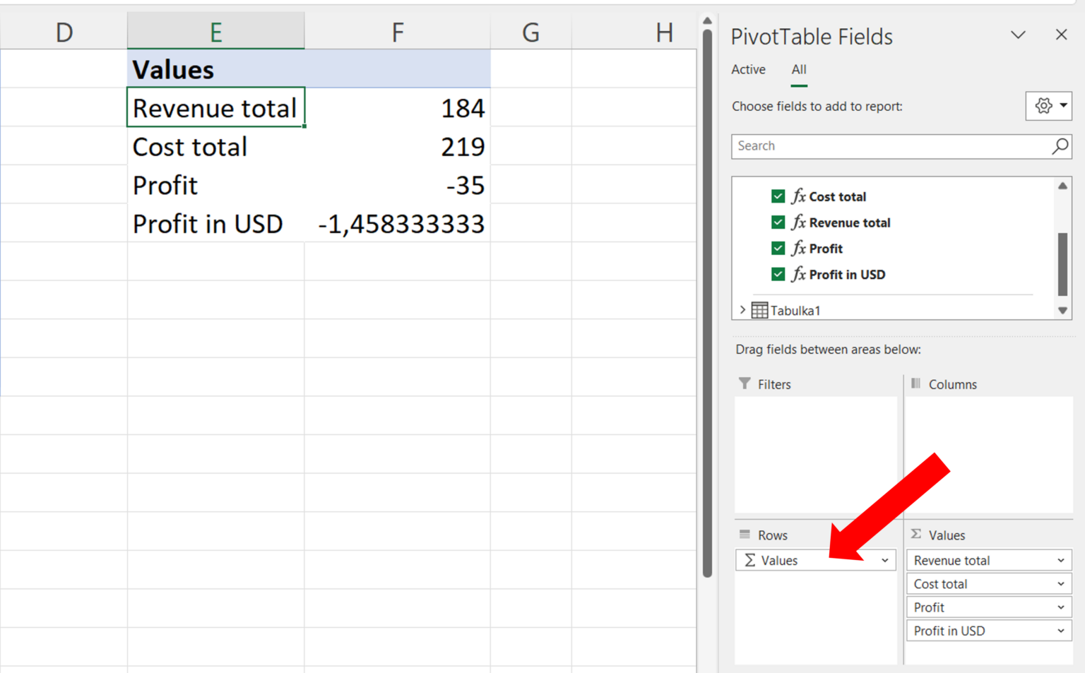 Values / measures in an Excel pivot table below each other instead of ...